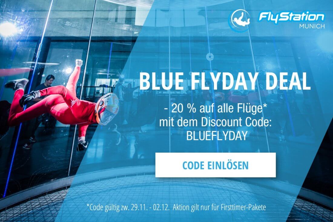 Blue Flyday Deal mit Mega-Tarifen im Windtunnel der FlyStation Munich